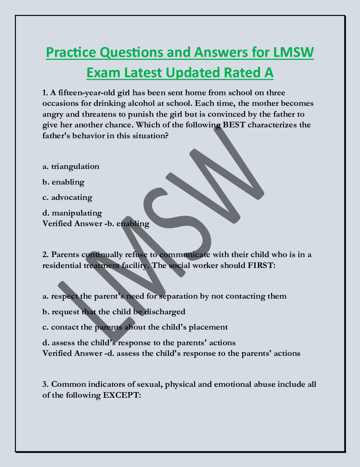 Practice Questions and Answers for LMSW Exam Latest Updated Rated A ...