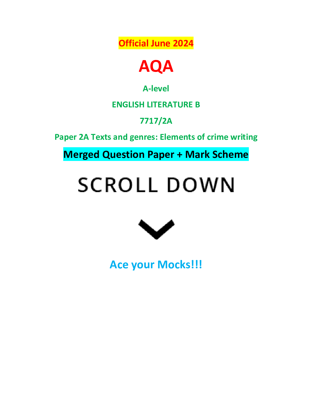 Official June 2024 AQA A-level ENGLISH LITERATURE B 7717/2A Paper 2A ...