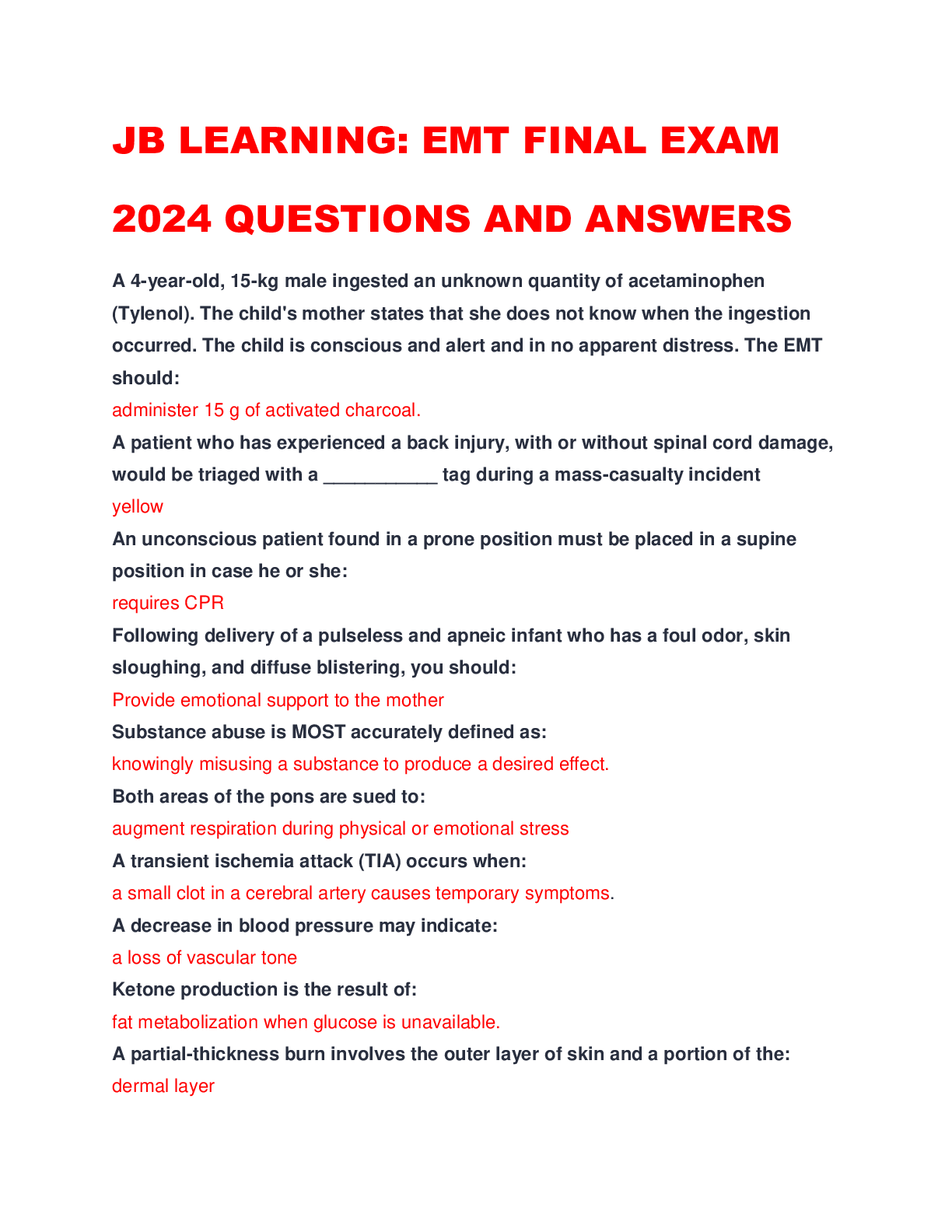 JB LEARNING: EMT FINAL EXAM 2024 QUESTIONS AND ANSWERS - Scholarfriends