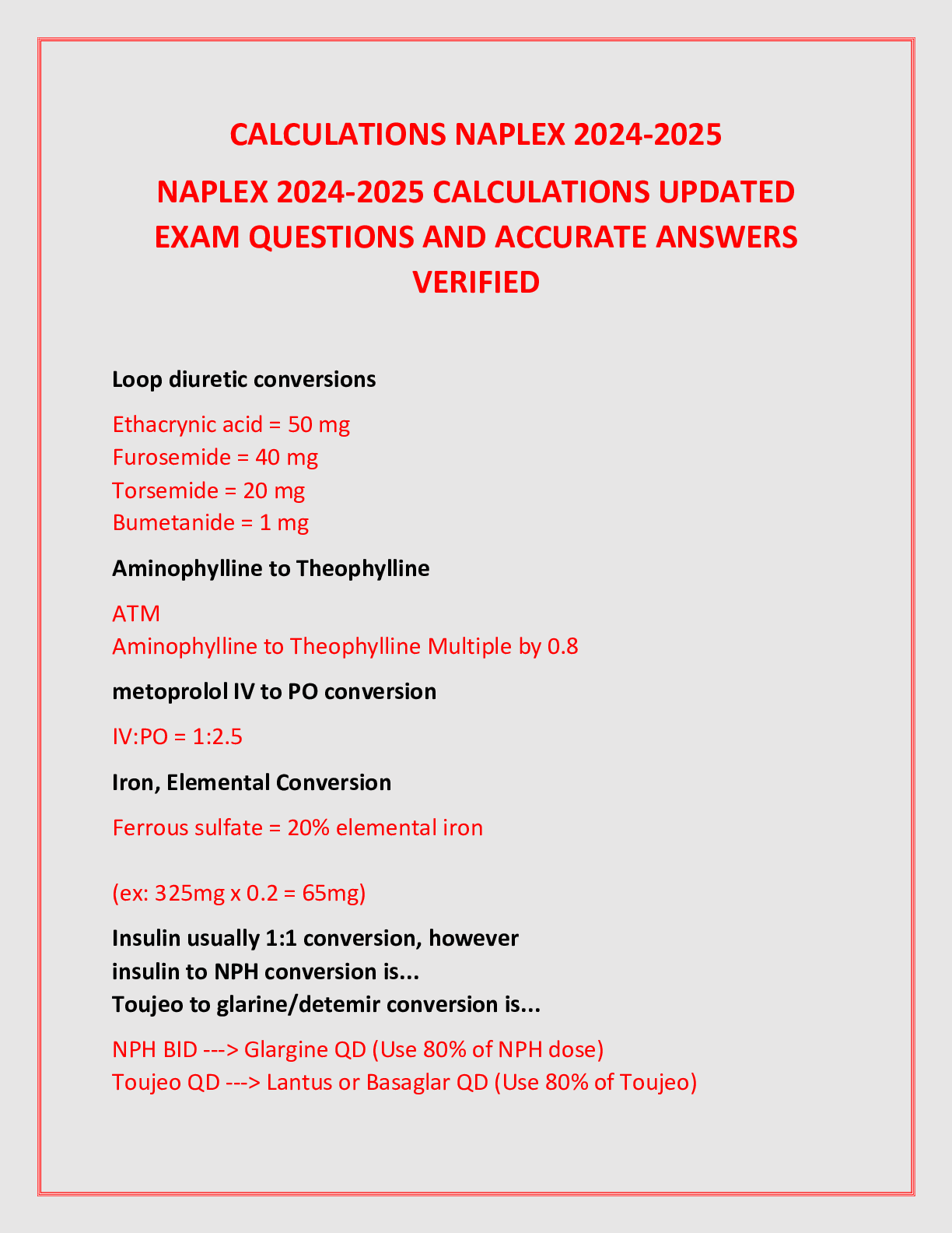 CALCULATIONS NAPLEX 2024-2025 NAPLEX 2024-2025 CALCULATIONS UPDATED ...
