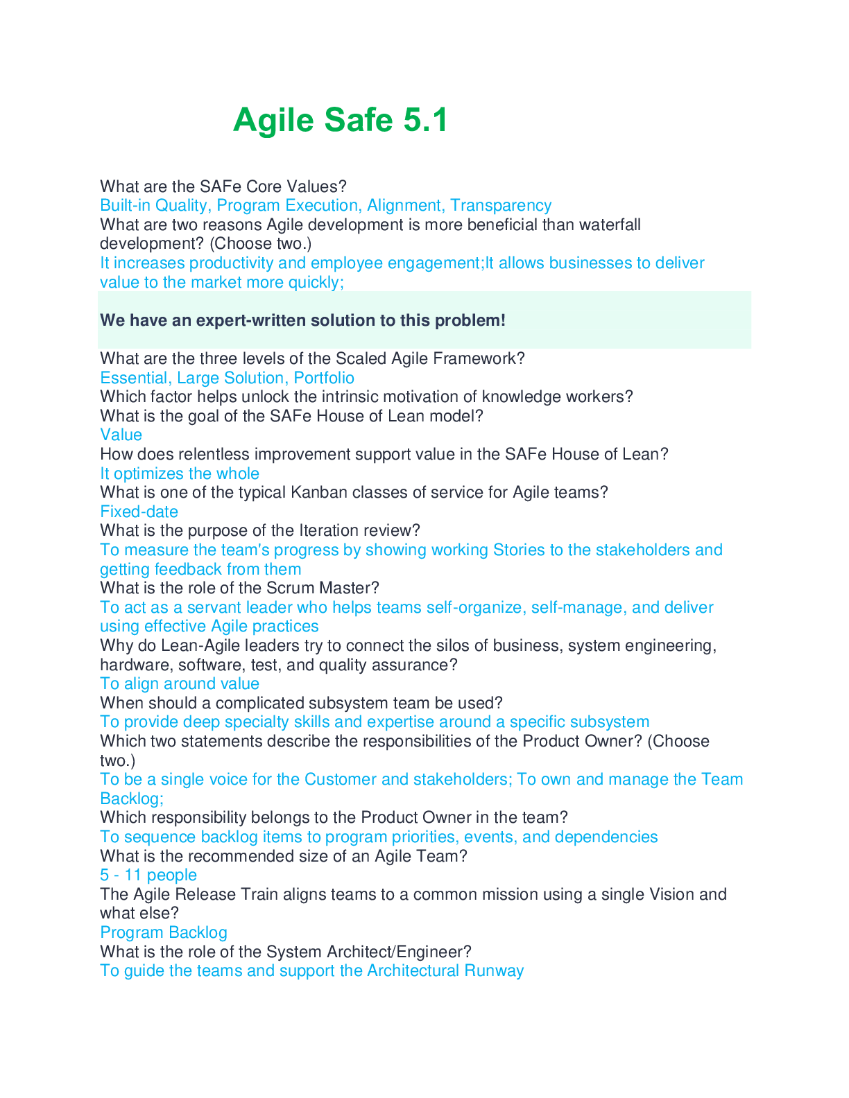 Agile Safe 5 1 Questions And Answers Complete Solution 2025 Scholarfriends