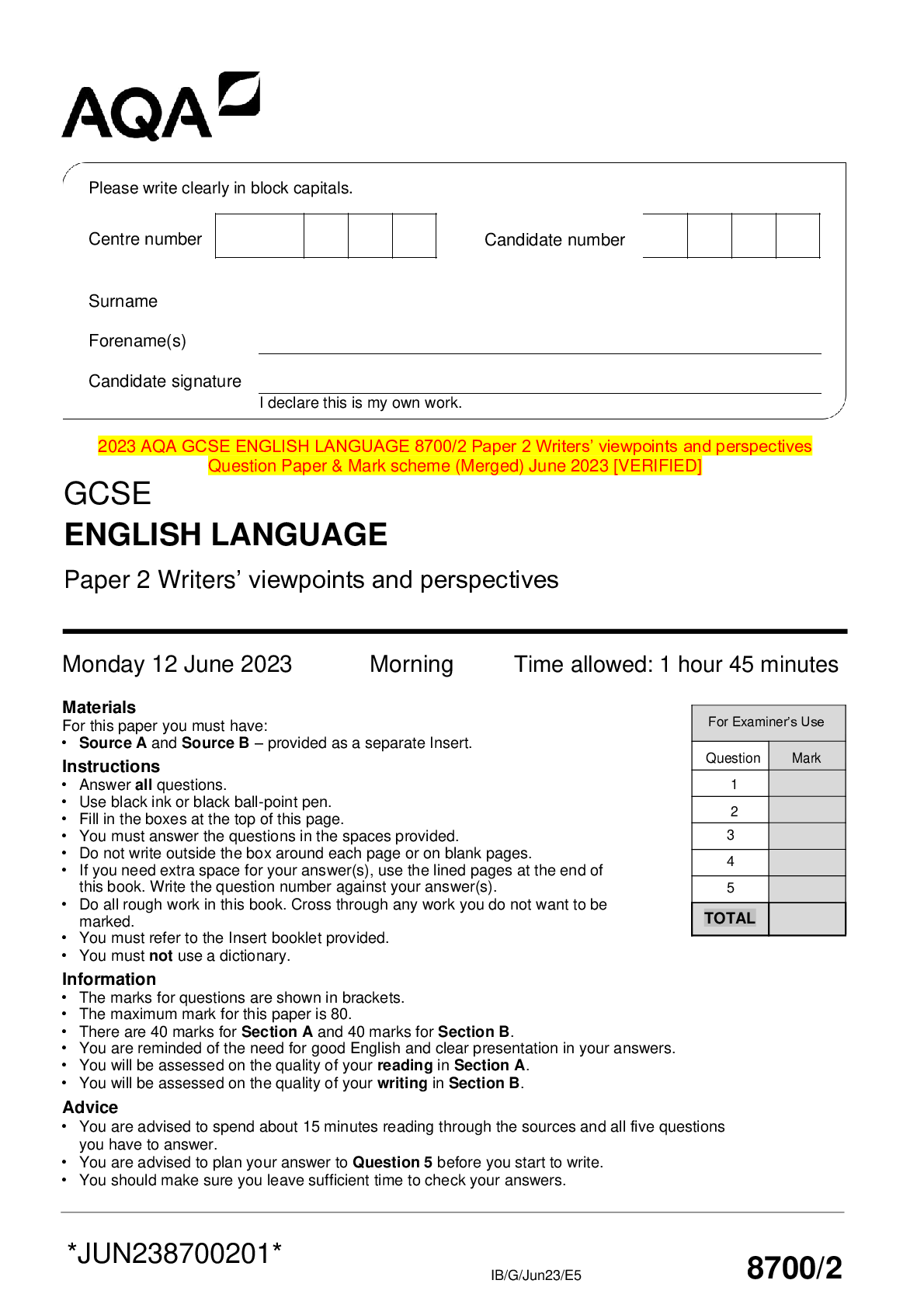 2023 AQA GCSE ENGLISH LANGUAGE 8700/2 Paper 2 Writers’ viewpoints and perspectives Question ...