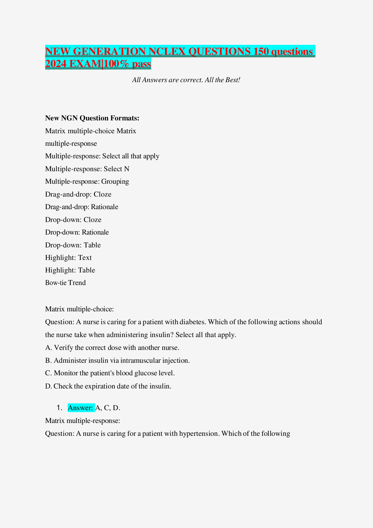 NEW GENERATION NCLEX QUESTIONS 150 questions 2024 EXAM|100% pass - Scholarfriends