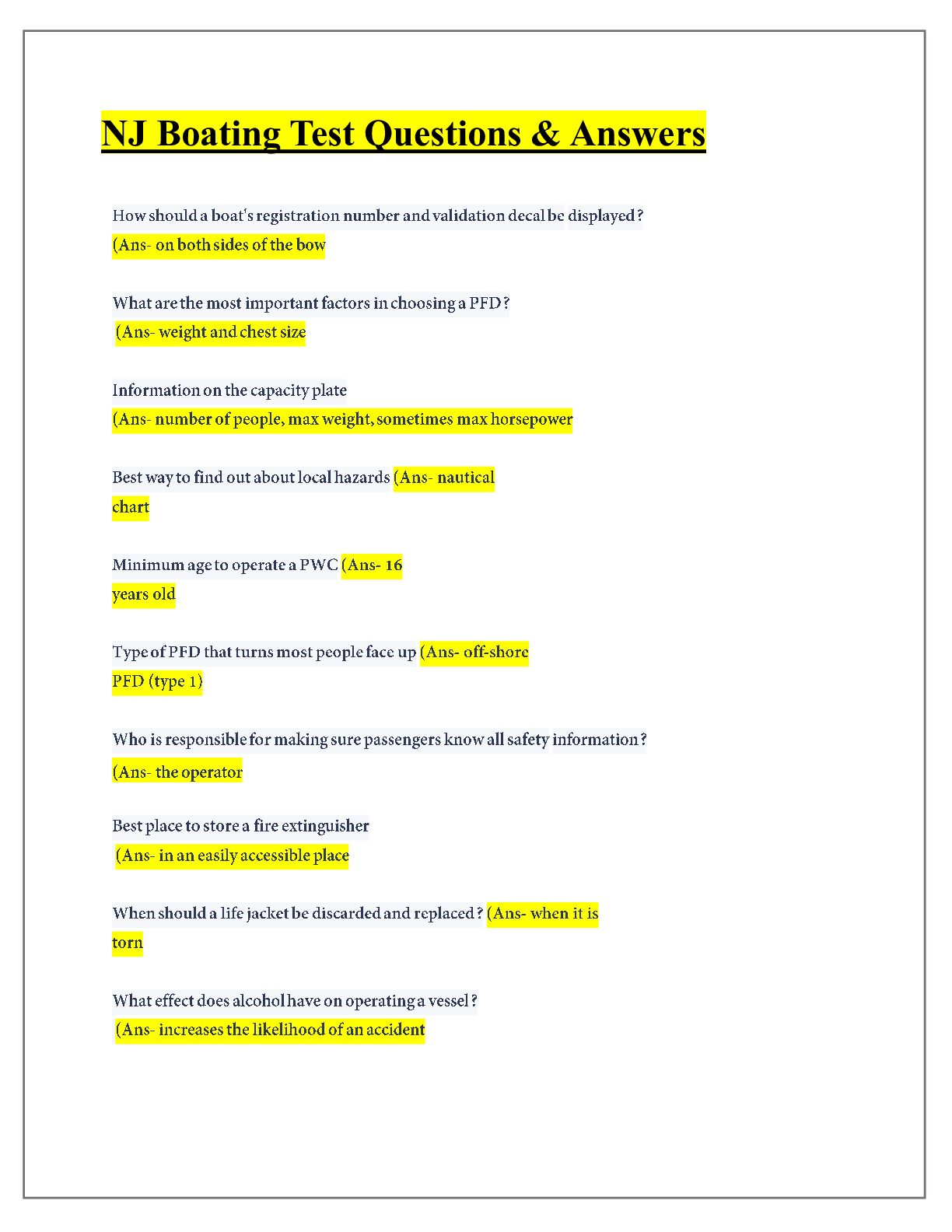 NJ Boating Test Questions and Answers (100% Correct) 2024 - 2025 ...