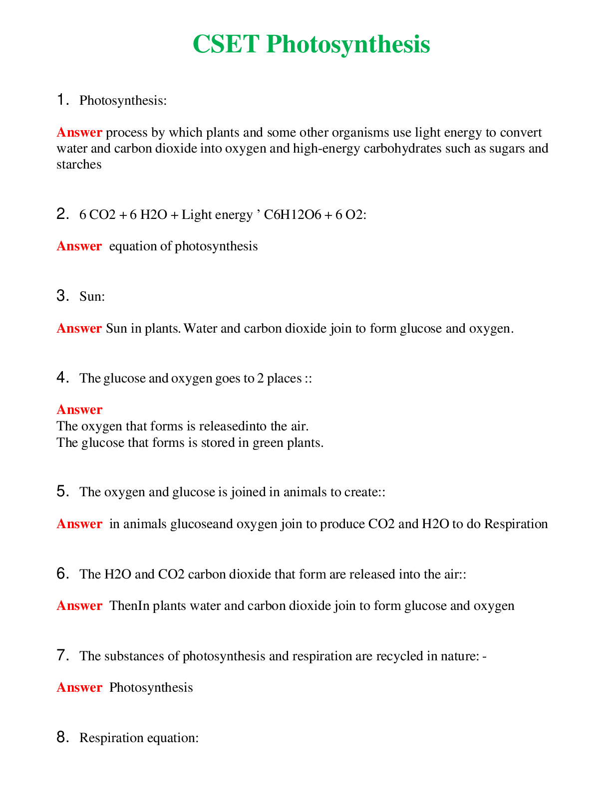 CSET Photosynthesis (Latest 2024) Questions With Complete Grade A+ ...