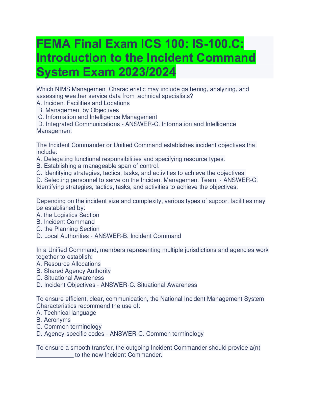 FEMA Final Exam ICS 100: IS-100.C: Introduction to the Incident Command ...
