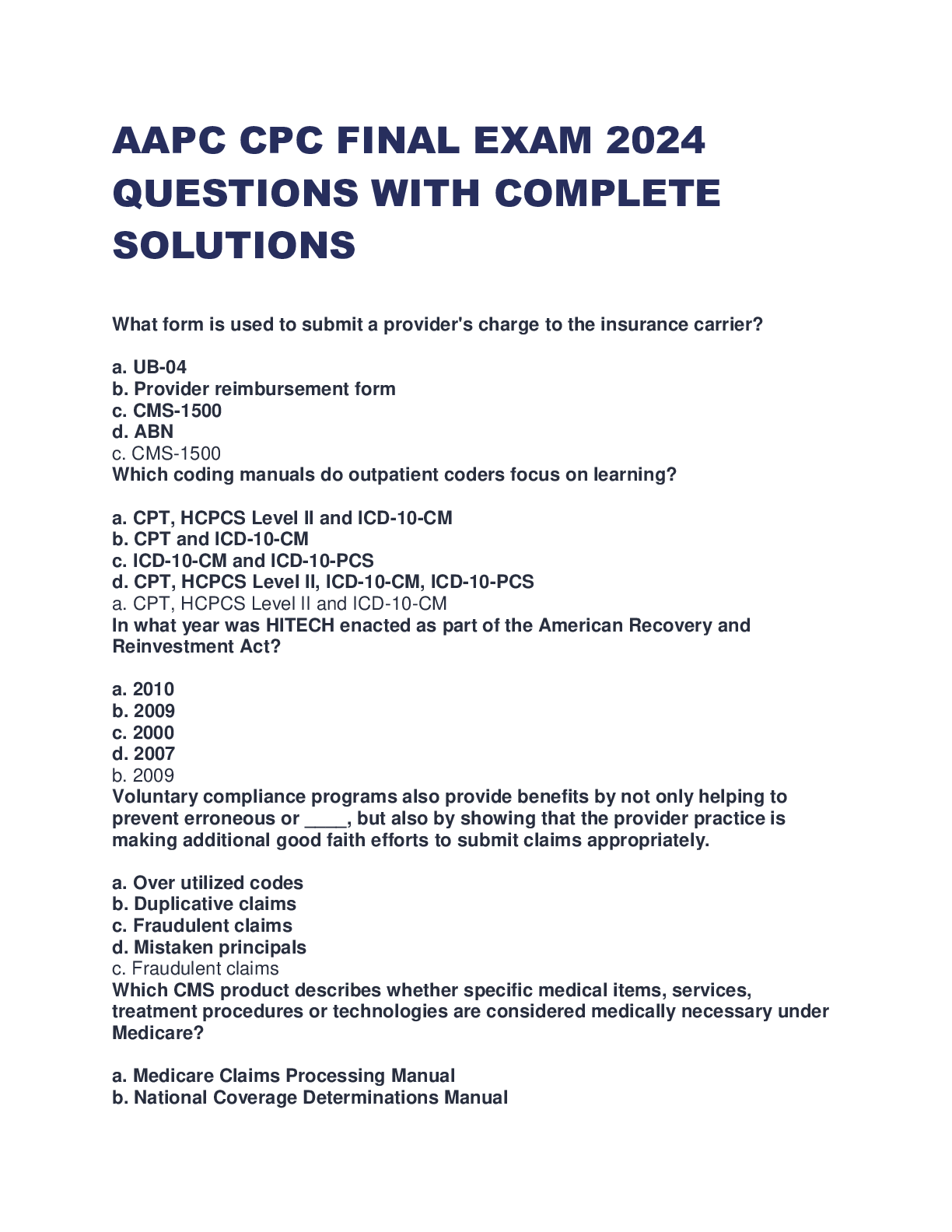 AAPC CPC FINAL EXAM 2024 QUESTIONS WITH COMPLETE SOLUTIONS - Scholarfriends