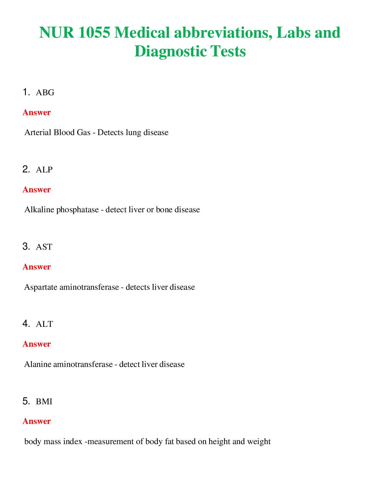 NUR 1055 ( LATEST 2024 / 2025 ) MEDICAL ABBREVIATIONS, LABS AND ...