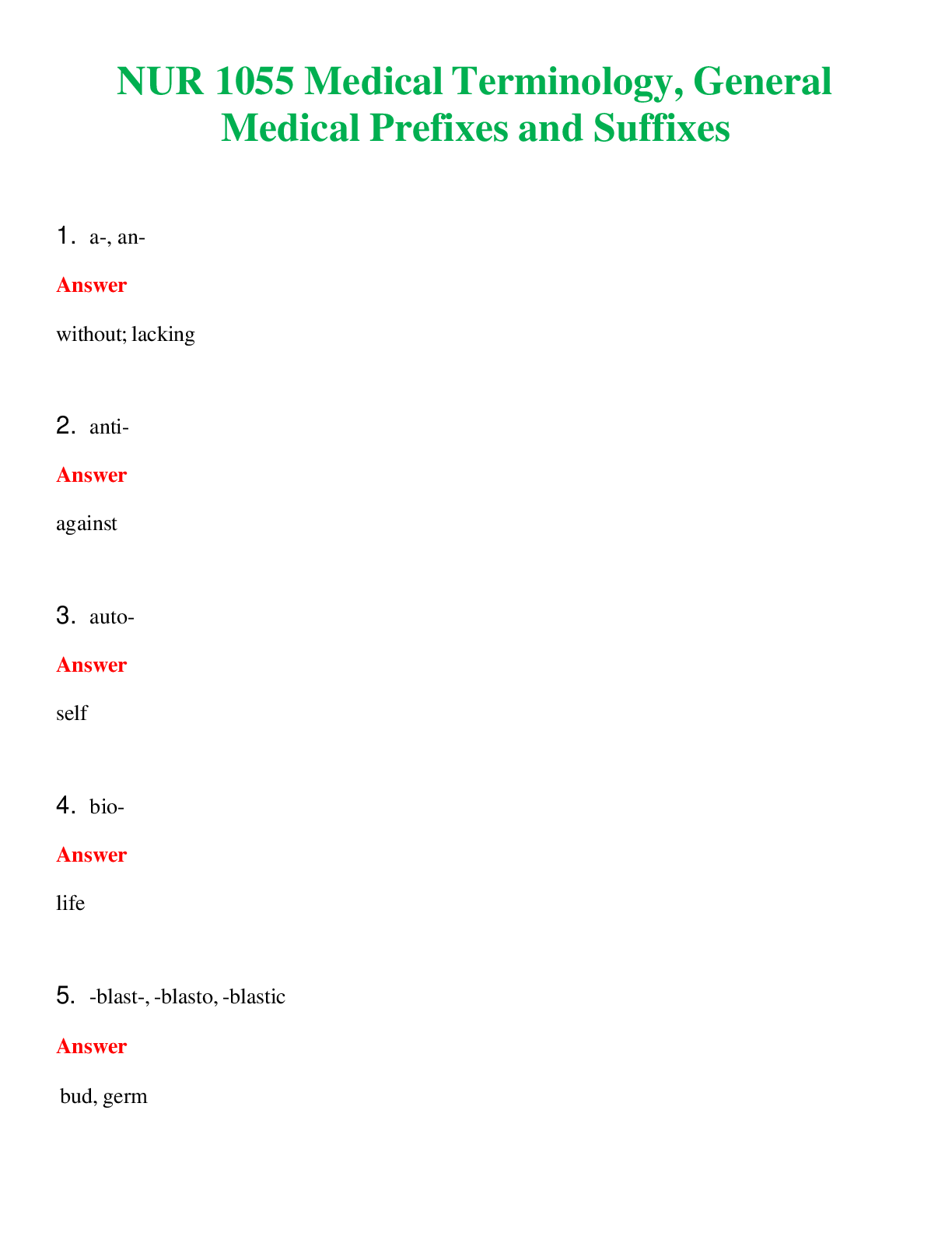 NUR 1055 MEDICAL TERMINOLOGY, GENERAL MEDICAL PREFIXES AND SUFFIXES | A ...