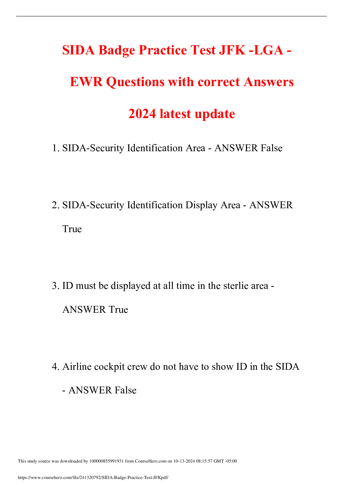 SIDA Badge Practice Test JFK -LGA - EWR Questions with correct Answers ...