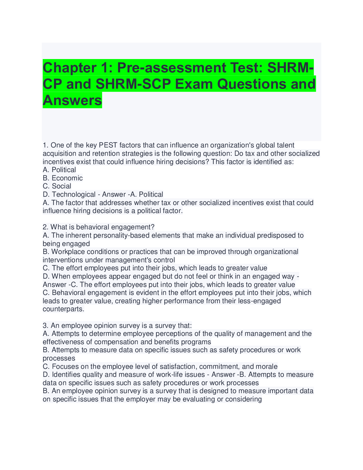 Chapter 1: Pre-assessment Test: SHRM CP and SHRM-SCP Exam Questions and ...