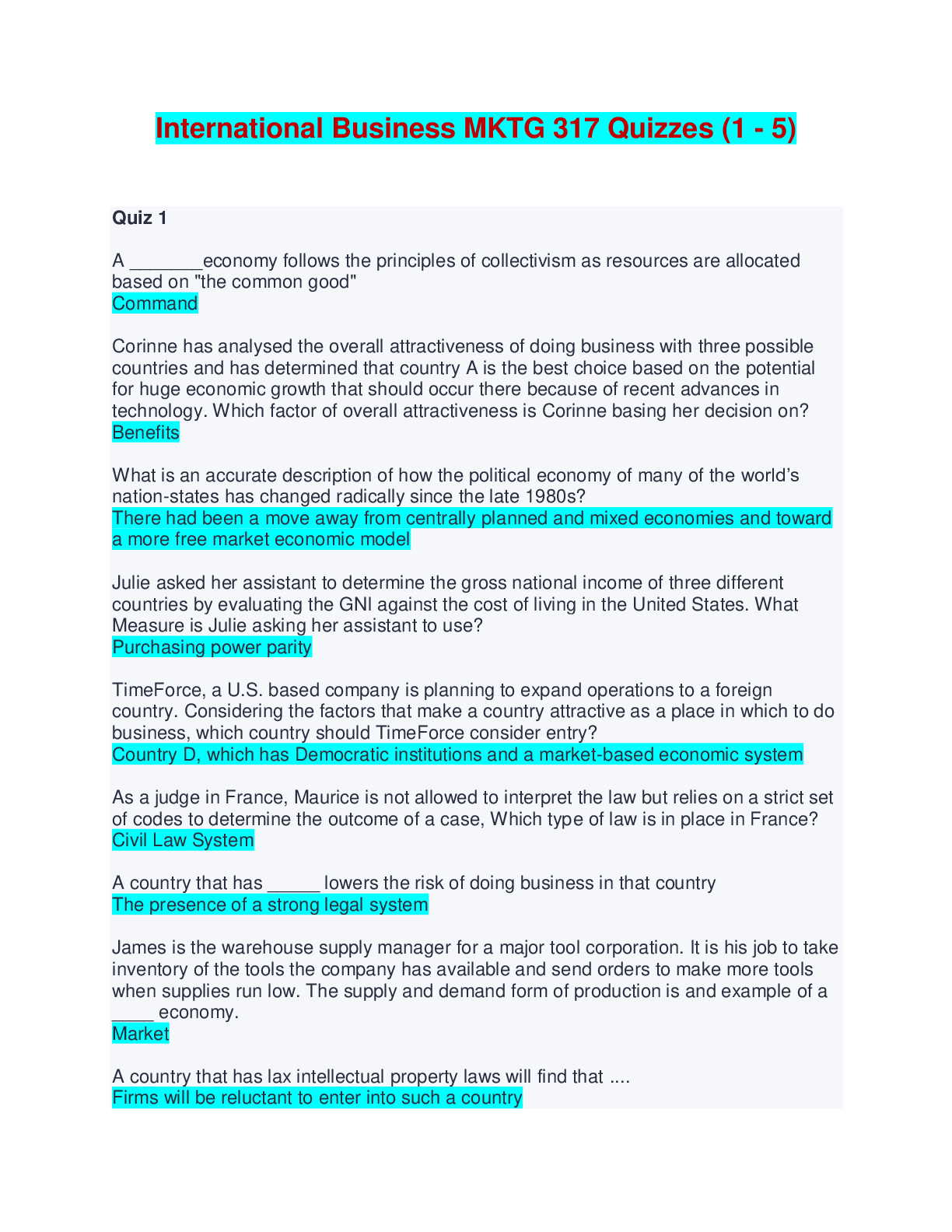 International Business MKTG 317 Quizzes (1 - 5) | Questions and Answers ...