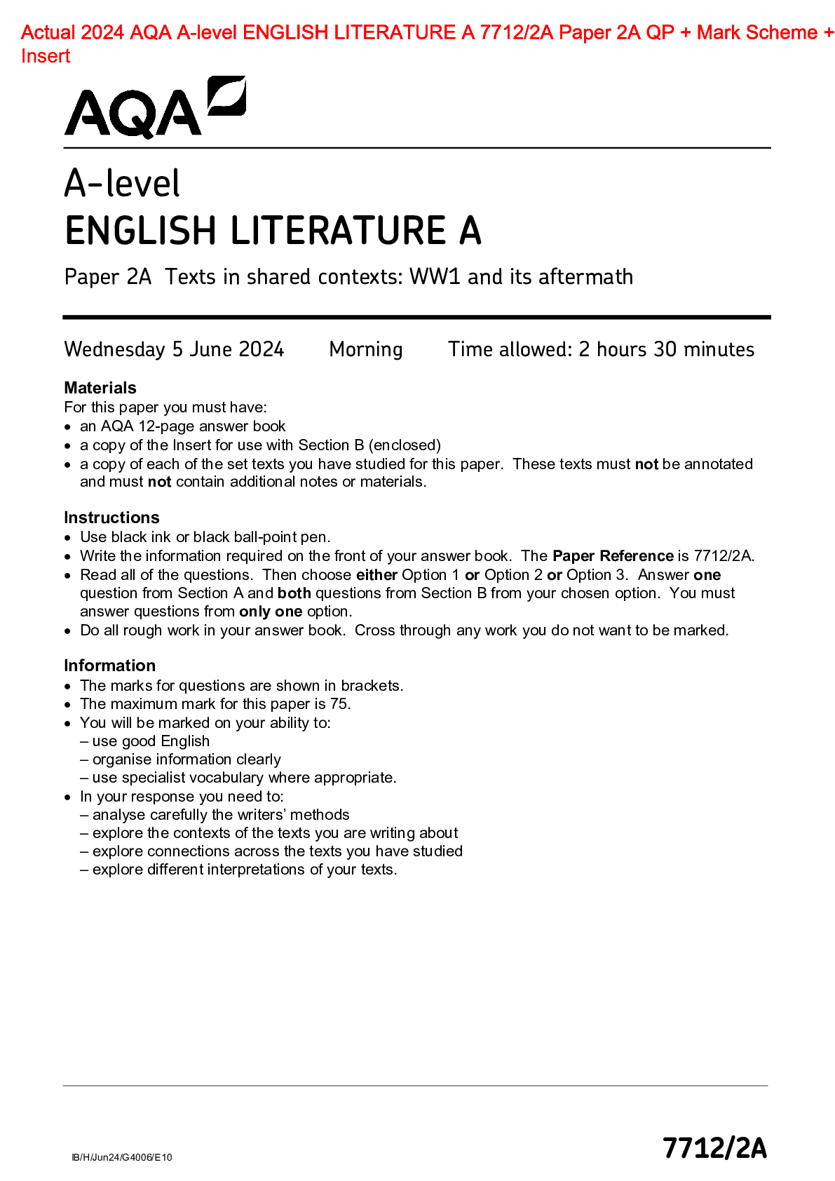 Actual 2024 AQA A-level ENGLISH LITERATURE A 7712/2A Paper 2A QP + Mark ...