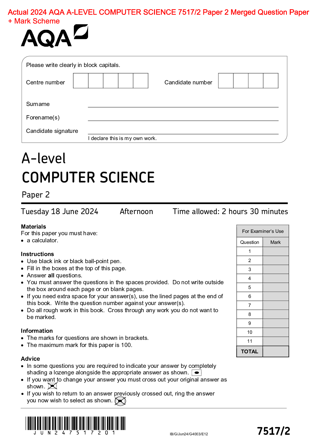Actual 2024 AQA A-LEVEL COMPUTER SCIENCE 7517/2 Paper 2 Merged Question Paper + Mark Scheme ...