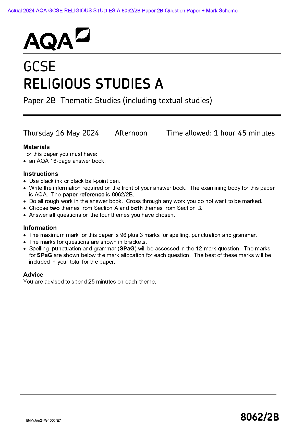 Actual 2024 AQA GCSE RELIGIOUS STUDIES A 8062/2B Paper 2B Question ...