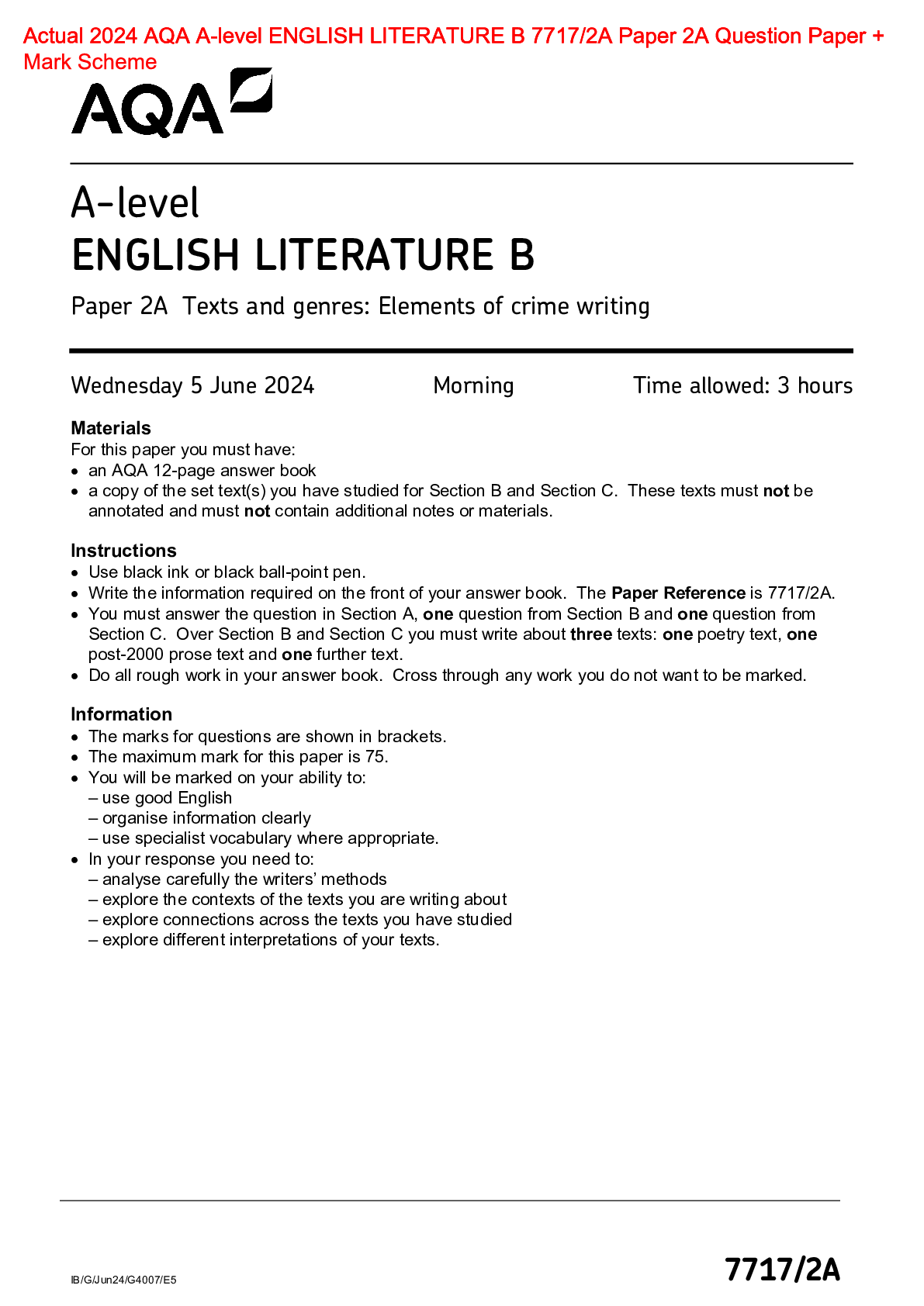 Actual 2024 AQA A-level ENGLISH LITERATURE B 7717/2A Paper 2A Question ...