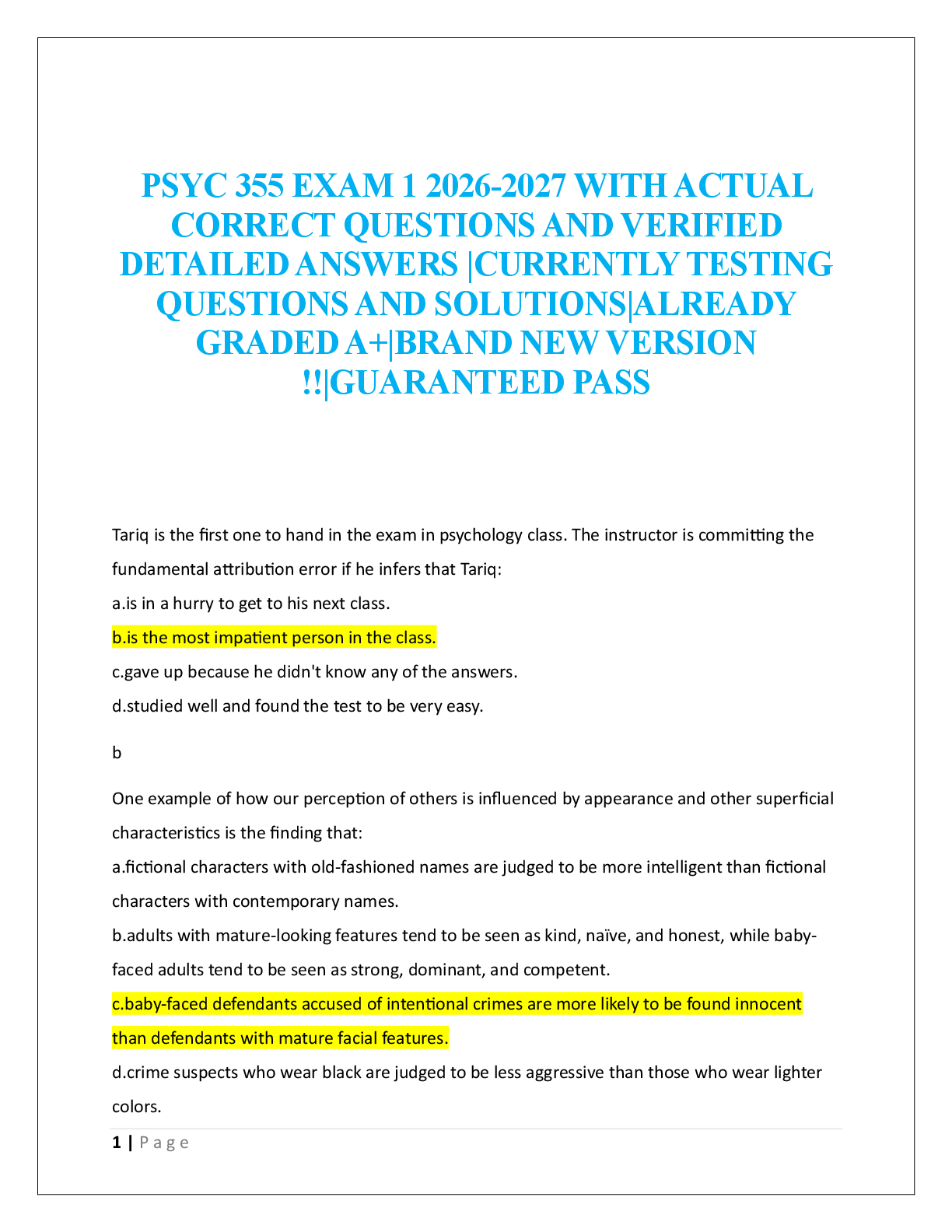 PSYC 355 EXAM 2026-2027 BUNDLED EXAM - Scholarfriends