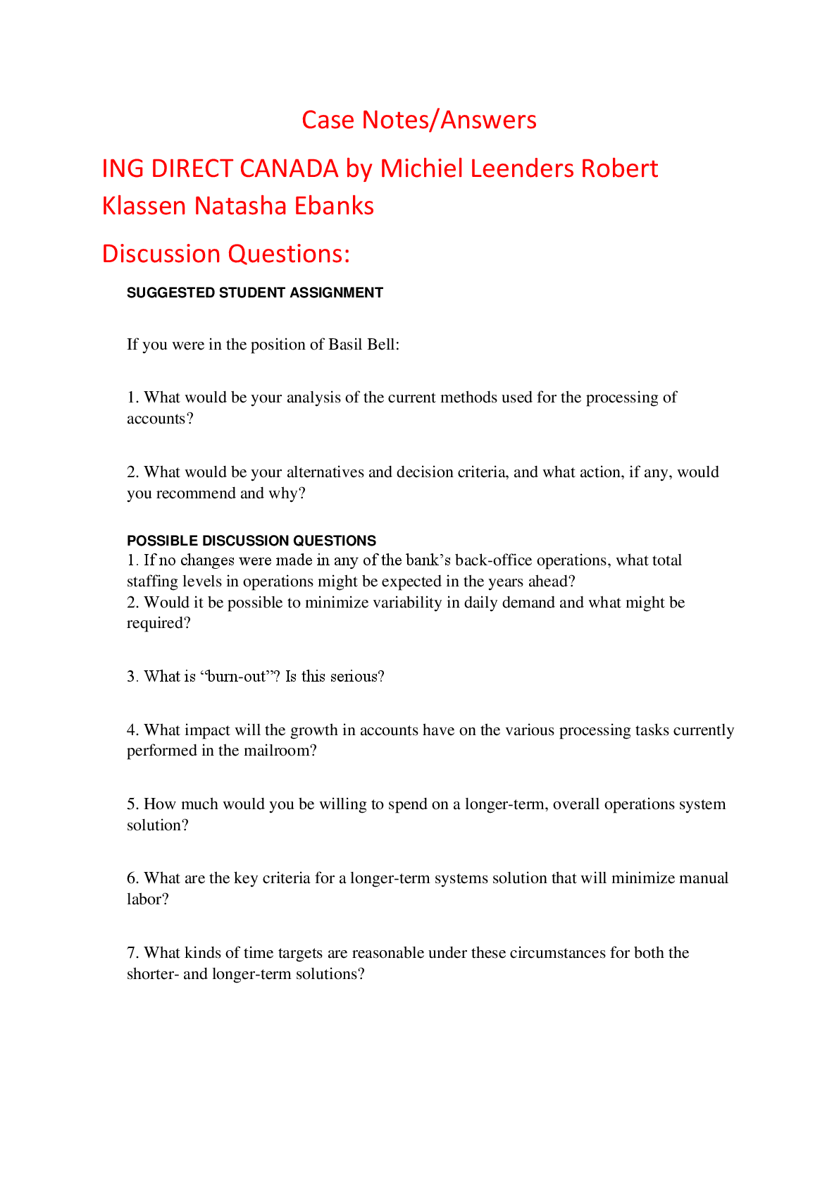 Case Notes Answers for ING DIRECT CANADA by Michiel Leenders Robert ...