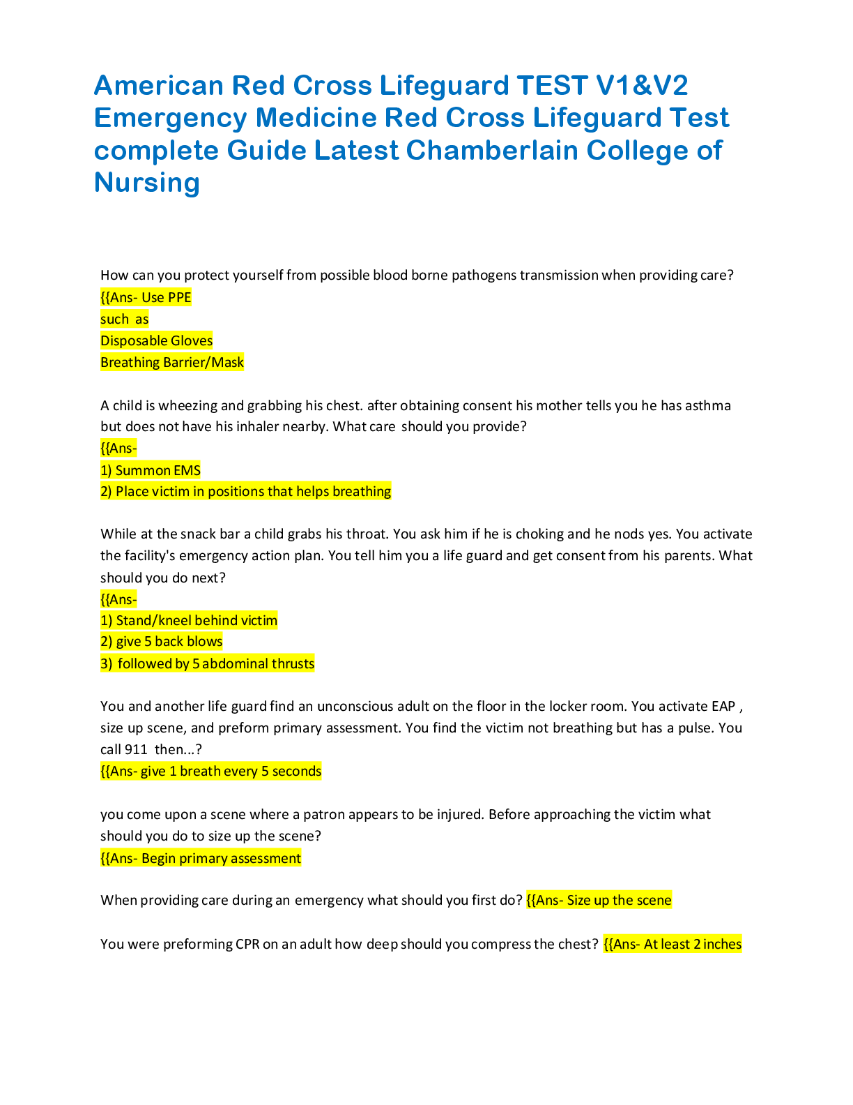 American Red Cross Lifeguard TEST V1&V2 Emergency Medicine Red Cross ...