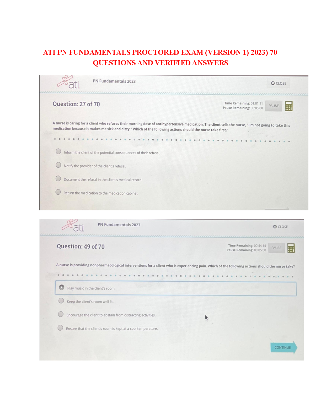 ATI PN FUNDAMENTALS PROCTORED EXAM 2023 70 QUESTIONS AND VERIFIED ...
