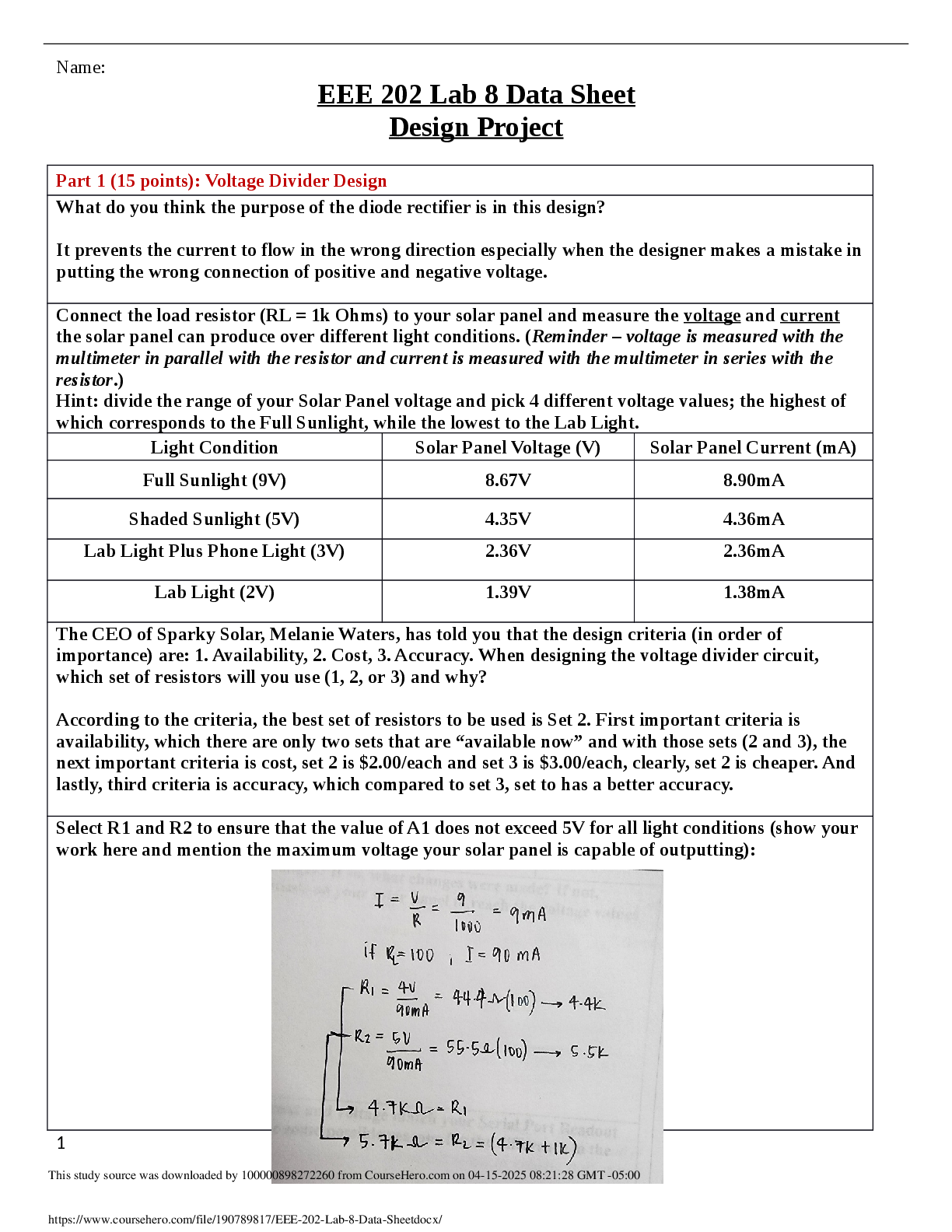 EEE 202 Lab 8 Data Sheet Design Project | Complete Solutions ...