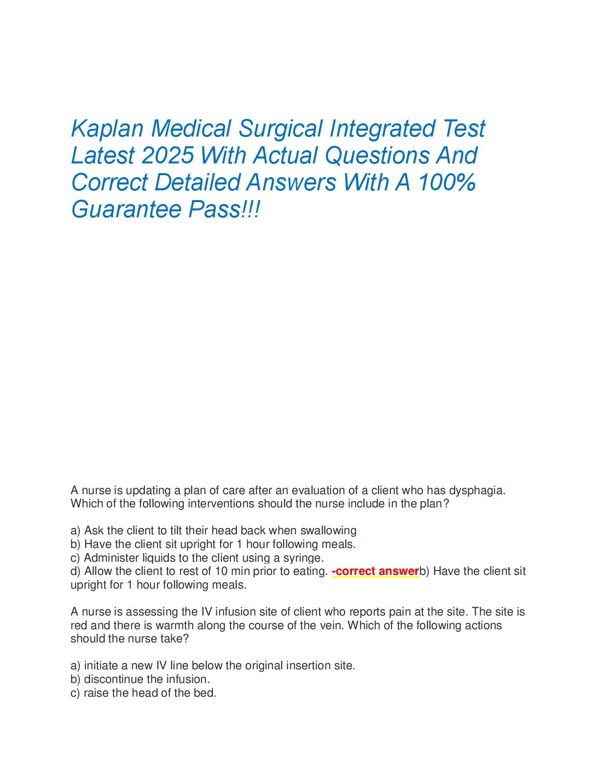 Kaplan Medical Surgical Integrated Test Latest 2025 With Actual ...