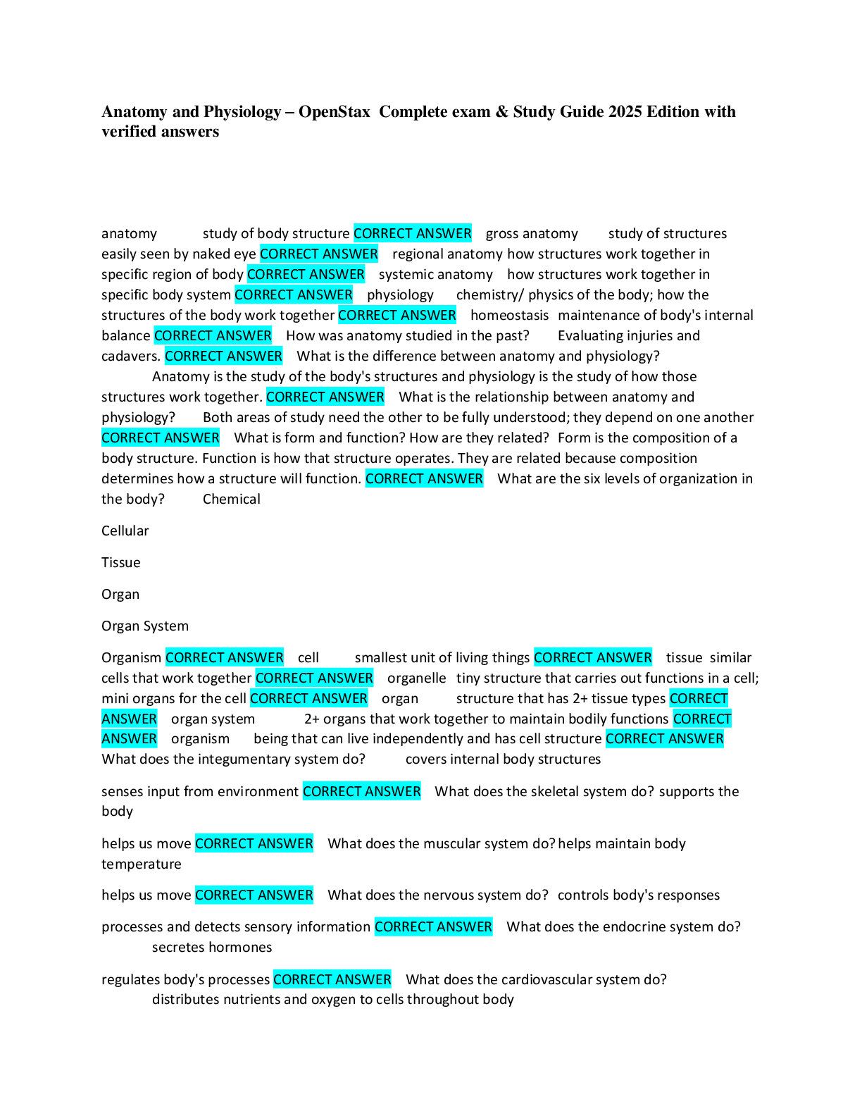 OpenStax Anatomy & Physiology 2e Ch 1 An Introduction to the Human Body exam with correct ...