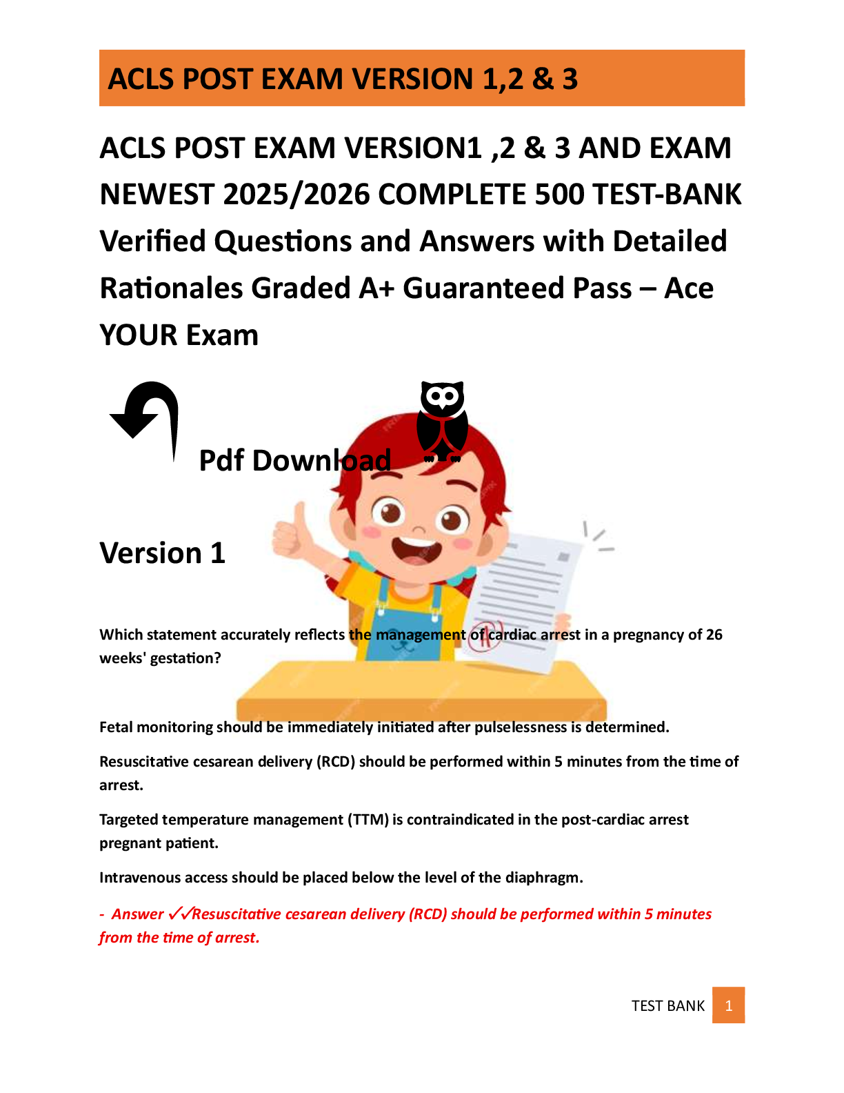 ACLS POST EXAM VERSION1 ,2 & 3 AND EXAM NEWEST 2025/2026 COMPLETE 500 ...