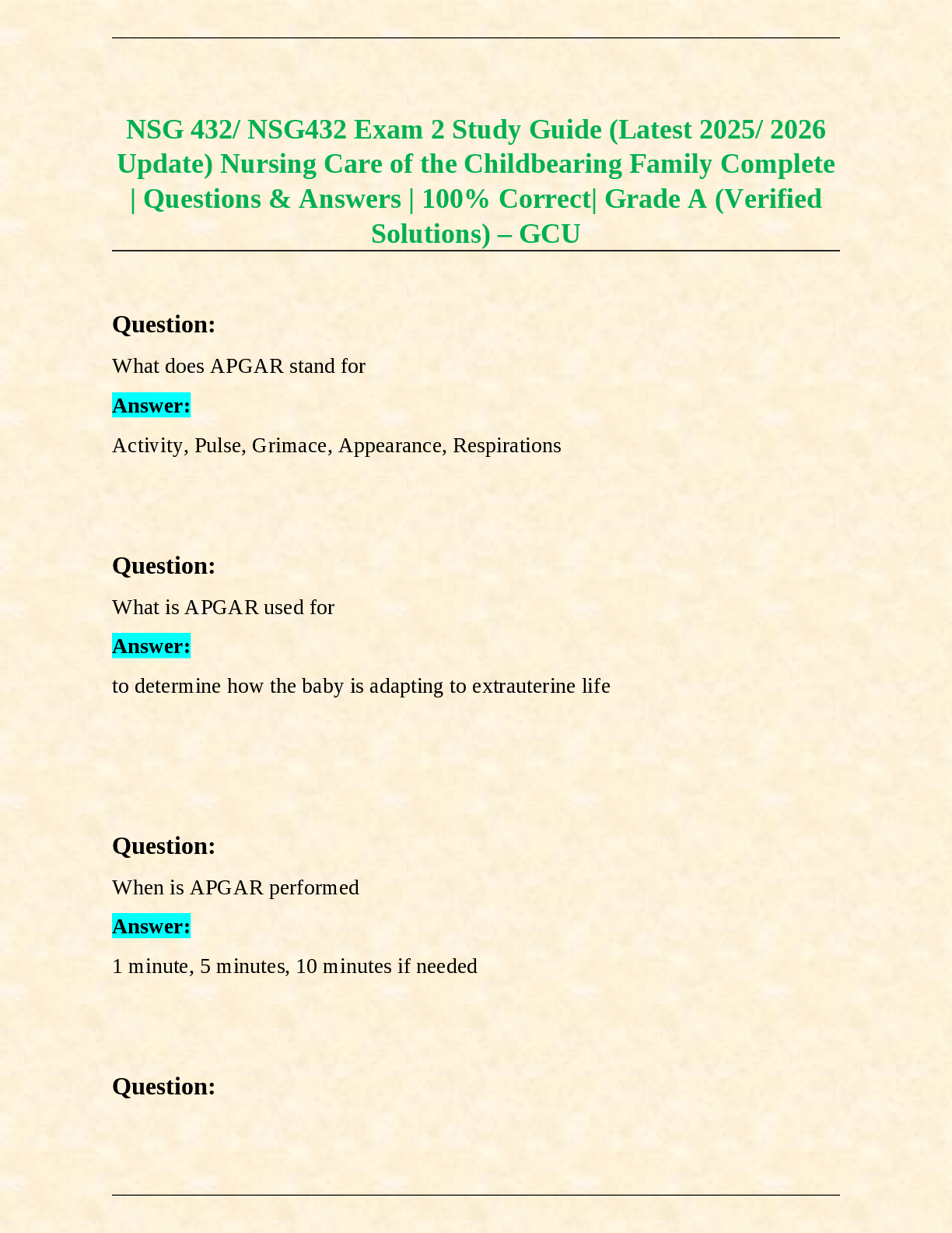 NSG 432/ NSG432 Exam 2 Study Guide (Latest 2025/ 2026 Update) Nursing ...