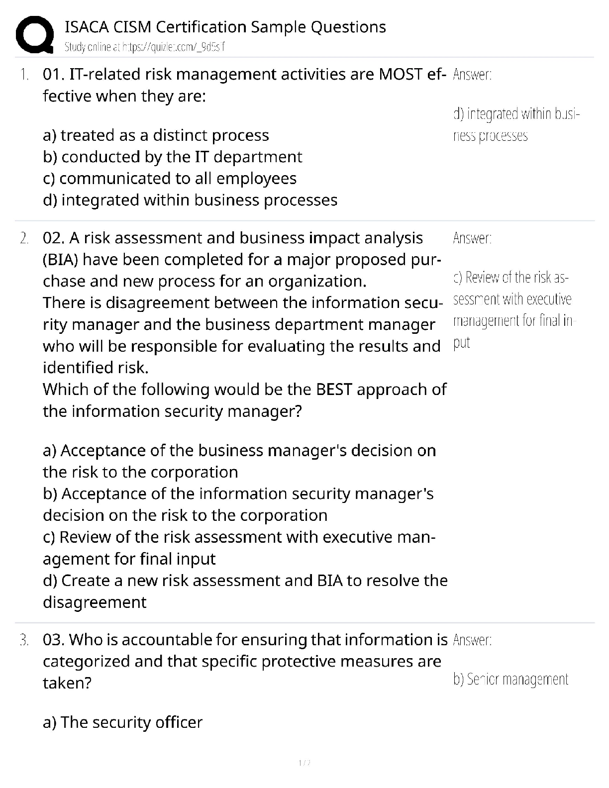 ISACA CISM Certification Sample Questions / Score 100% / 2025 Test Bank ...