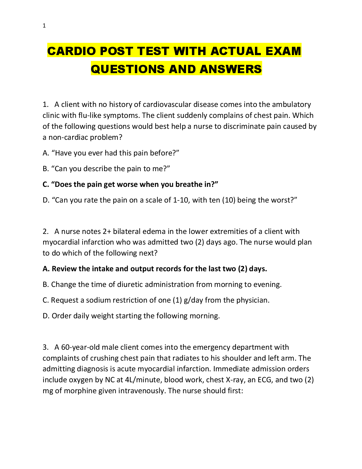 CARDIO POST TEST WITH ACTUAL EXAM QUESTIONS AND ANSWERS ...