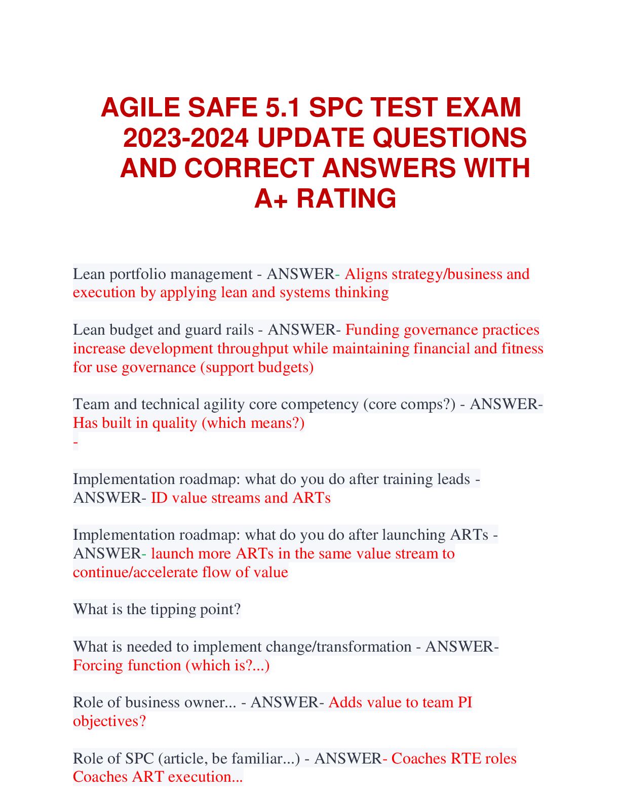 Agile Safe 5 1 Spc Test Exam 2023 2024 Update Questions And Correct Answers With A Rating