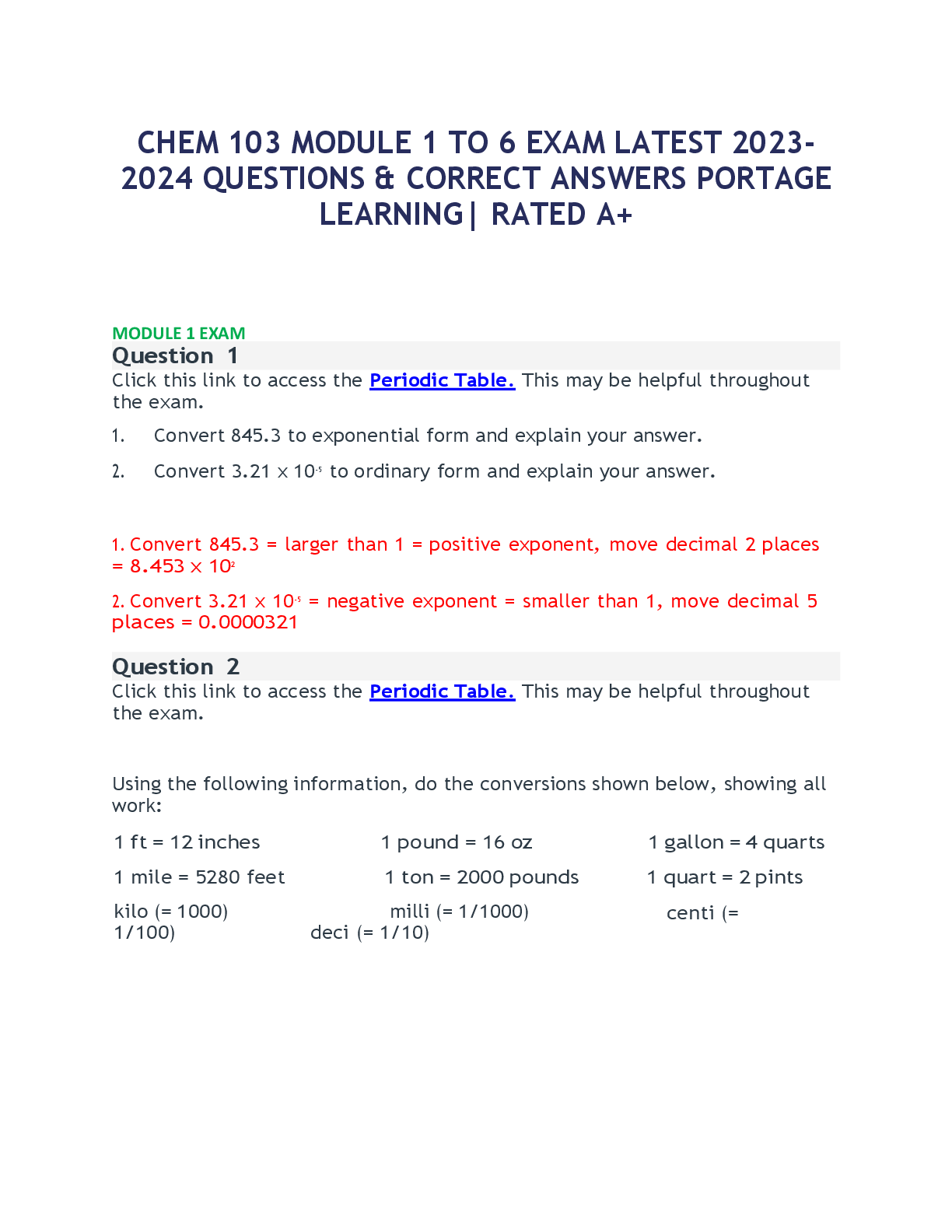 CHEM 103 MODULE 1 TO 6 EXAM LATEST 2023- 2024 QUESTIONS & CORRECT ...
