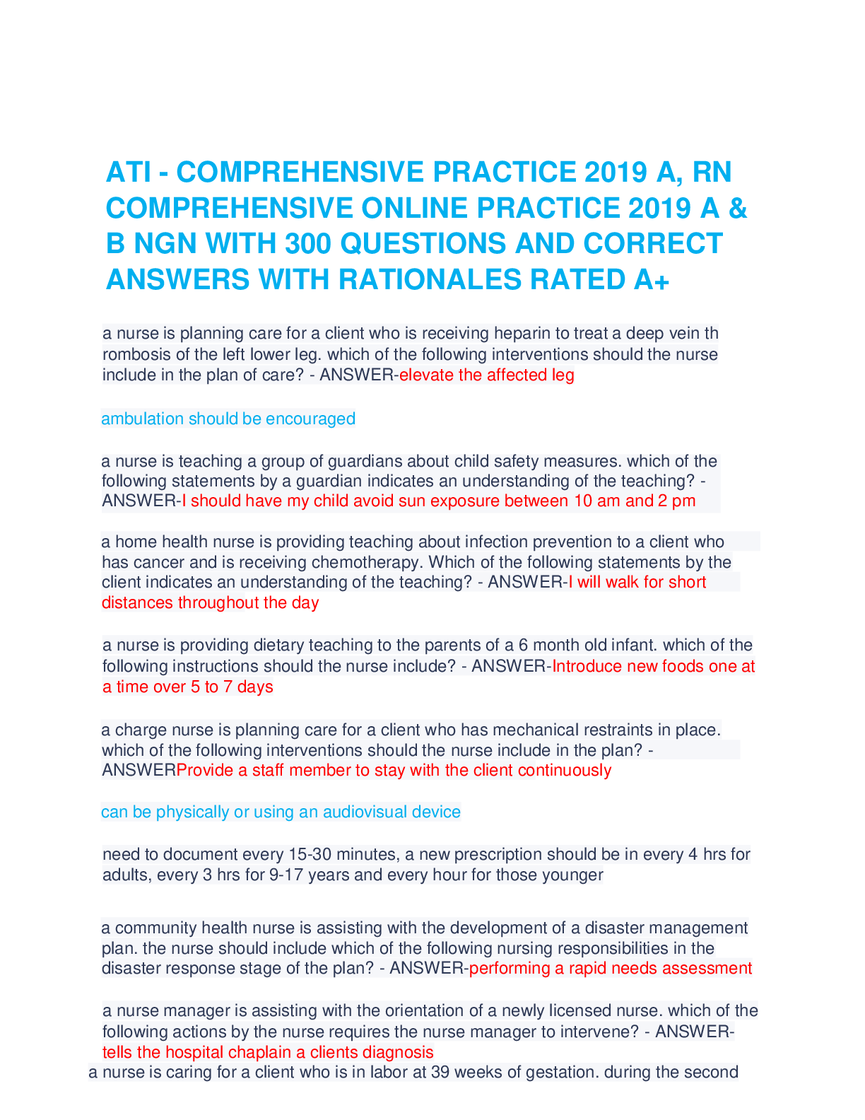 ATI - COMPREHENSIVE PRACTICE 2019 A, RN COMPREHENSIVE ONLINE PRACTICE ...