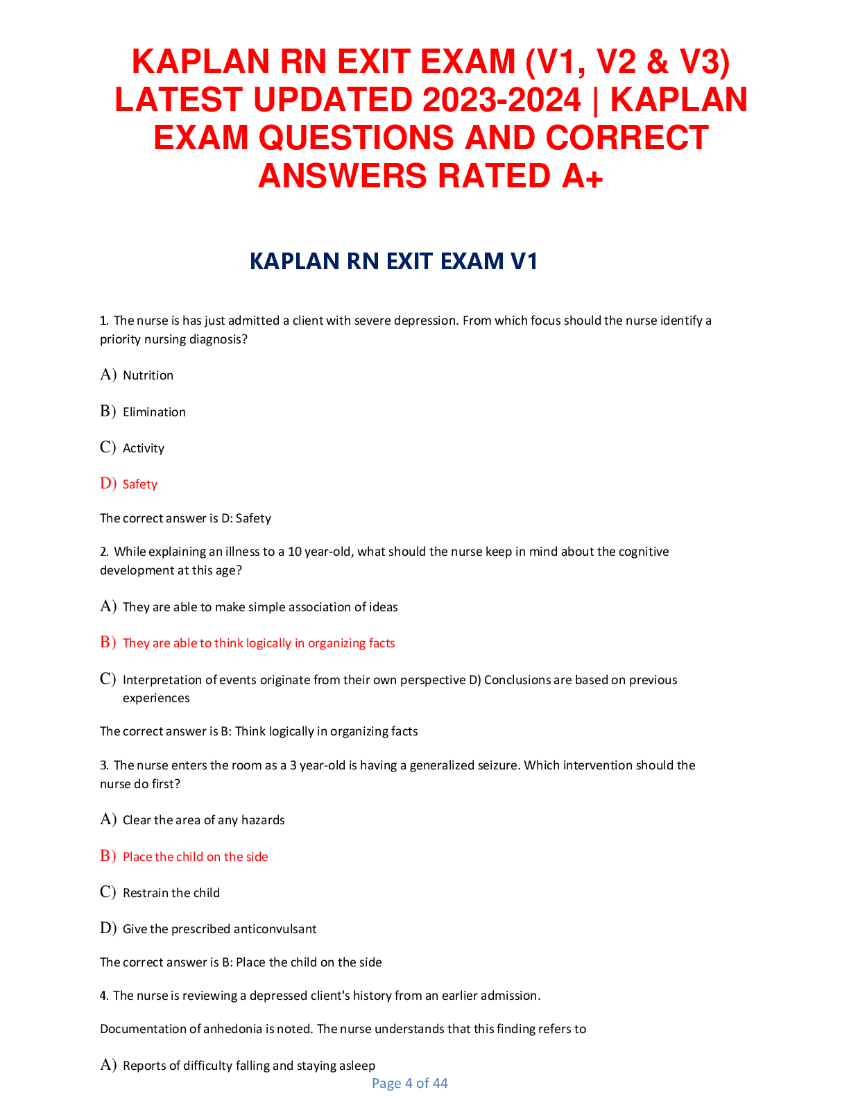 KAPLAN RN EXIT EXAM (V1, V2 & V3) LATEST UPDATED 2023-2024 | KAPLAN ...