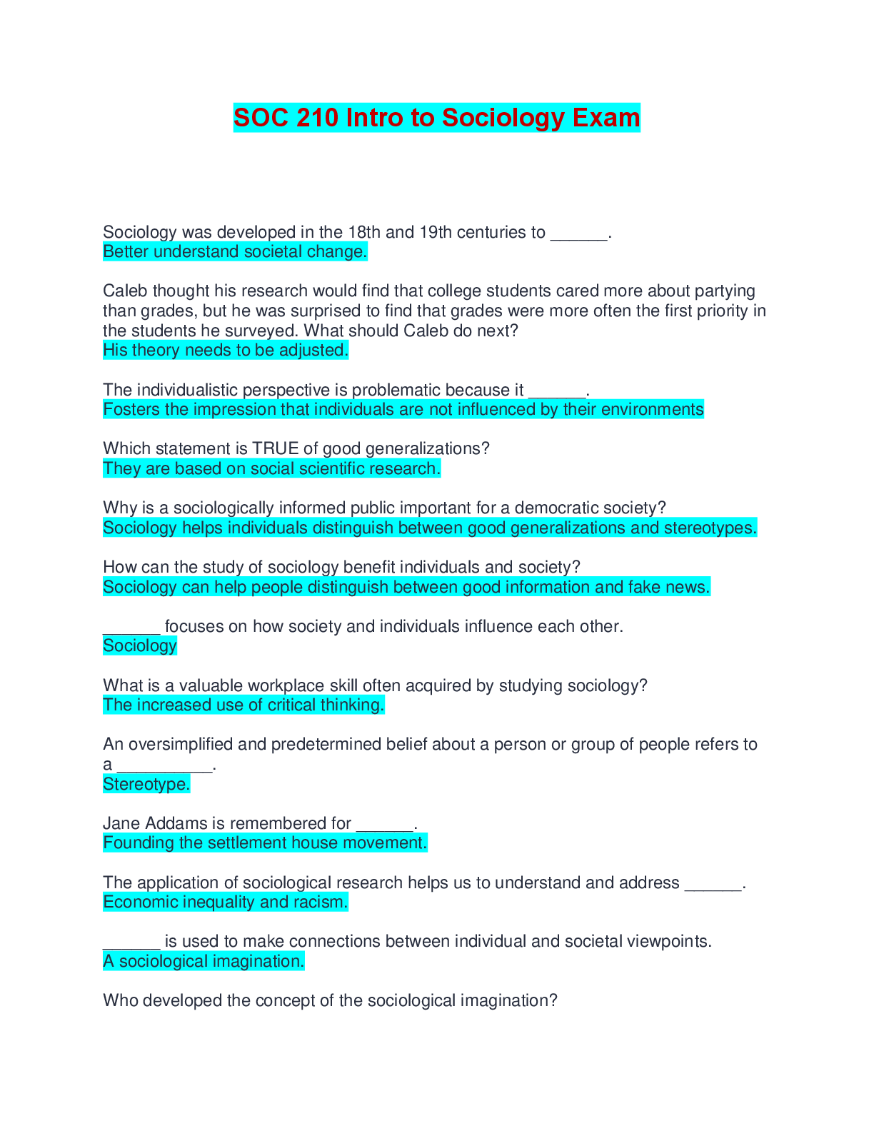 SOC 210 Intro to Sociology Exam | Questions with 100% Correct Answers - Scholarfriends