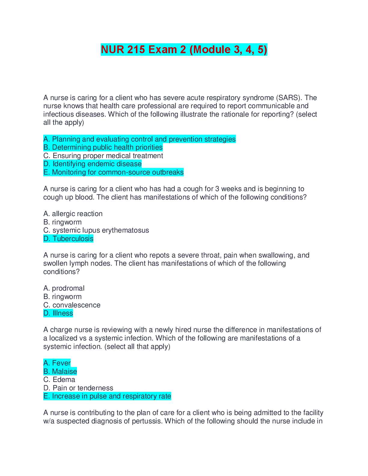 NUR 215 Exam 2 (Module 3, 4, 5) | Questions with complete solutions ...