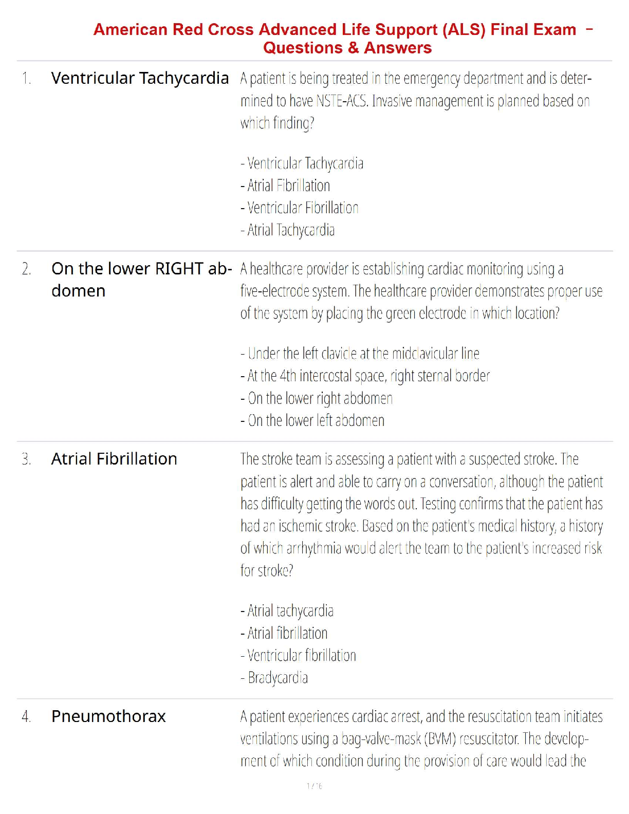 American Red Cross Advanced Life Support (ALS) Final Exam – Questions ...