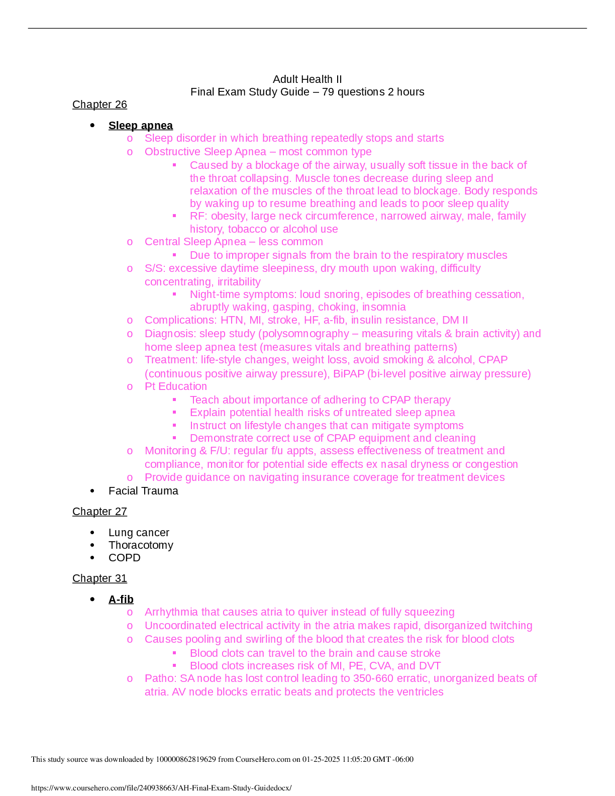 Adult Health II Final Exam Study Guide – 79 questions – Scholarfriends ...