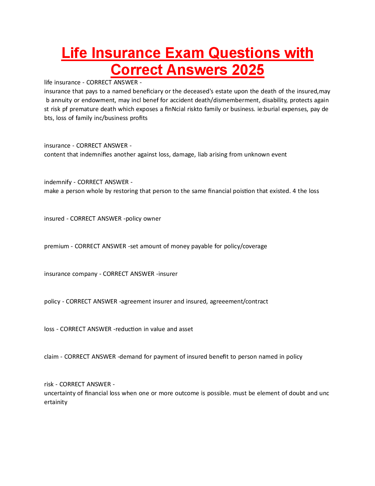 Life Insurance Exam Questions with Correct Answers 2025 ...