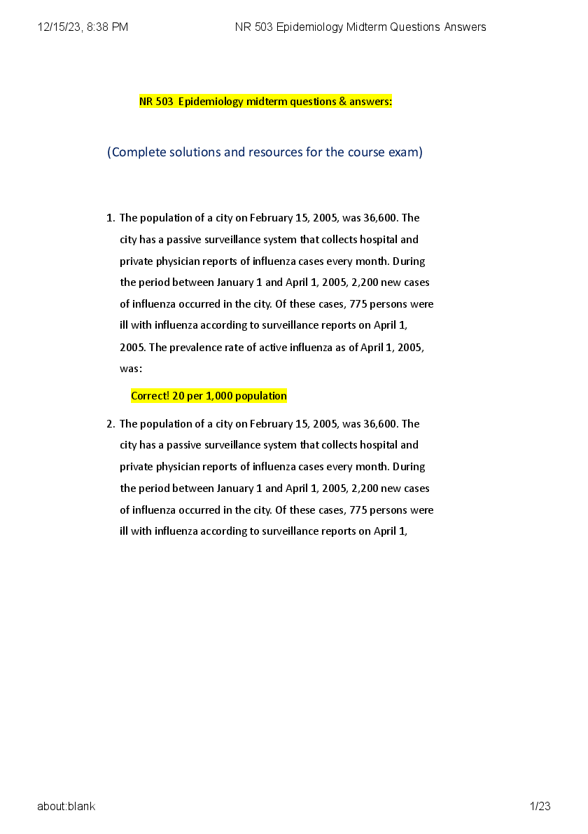 NR 503 Epidemiology Midterm Questions Answers 2024 - Scholarfriends