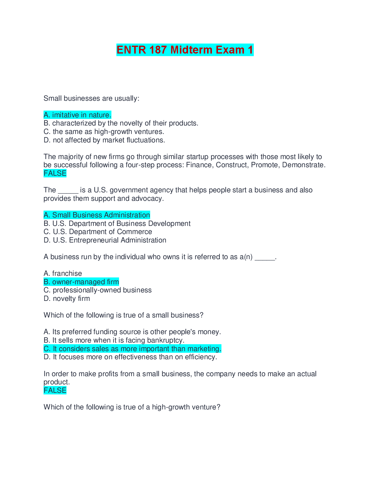 ENTR 187 Midterm Exam 1 | Questions and Answers (Complete Solutions) - Scholarfriends