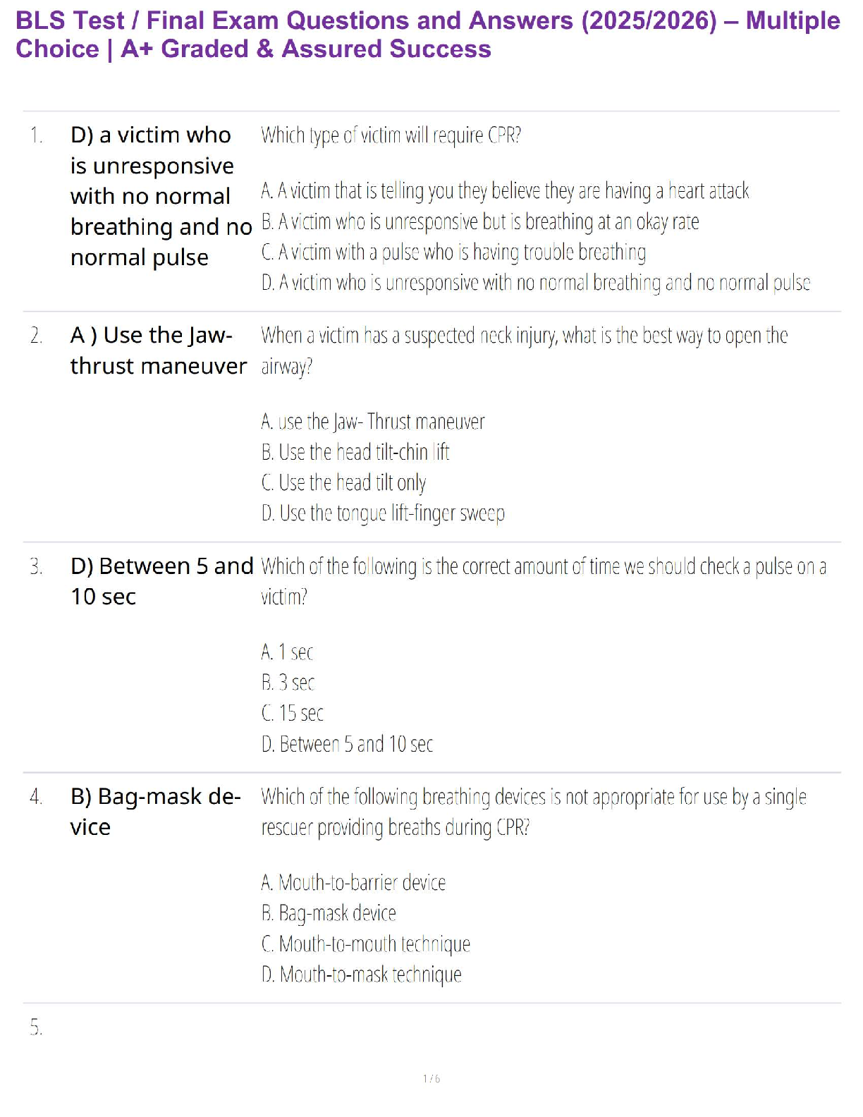 BLS Test / Final Exam Questions and Answers (2025/2026) – Multiple ...