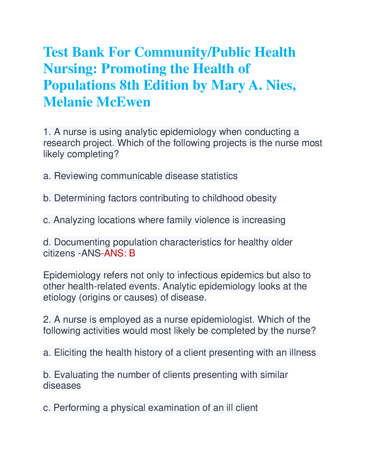 Test Bank For Community/Public Health Nursing: Promoting the Health of ...