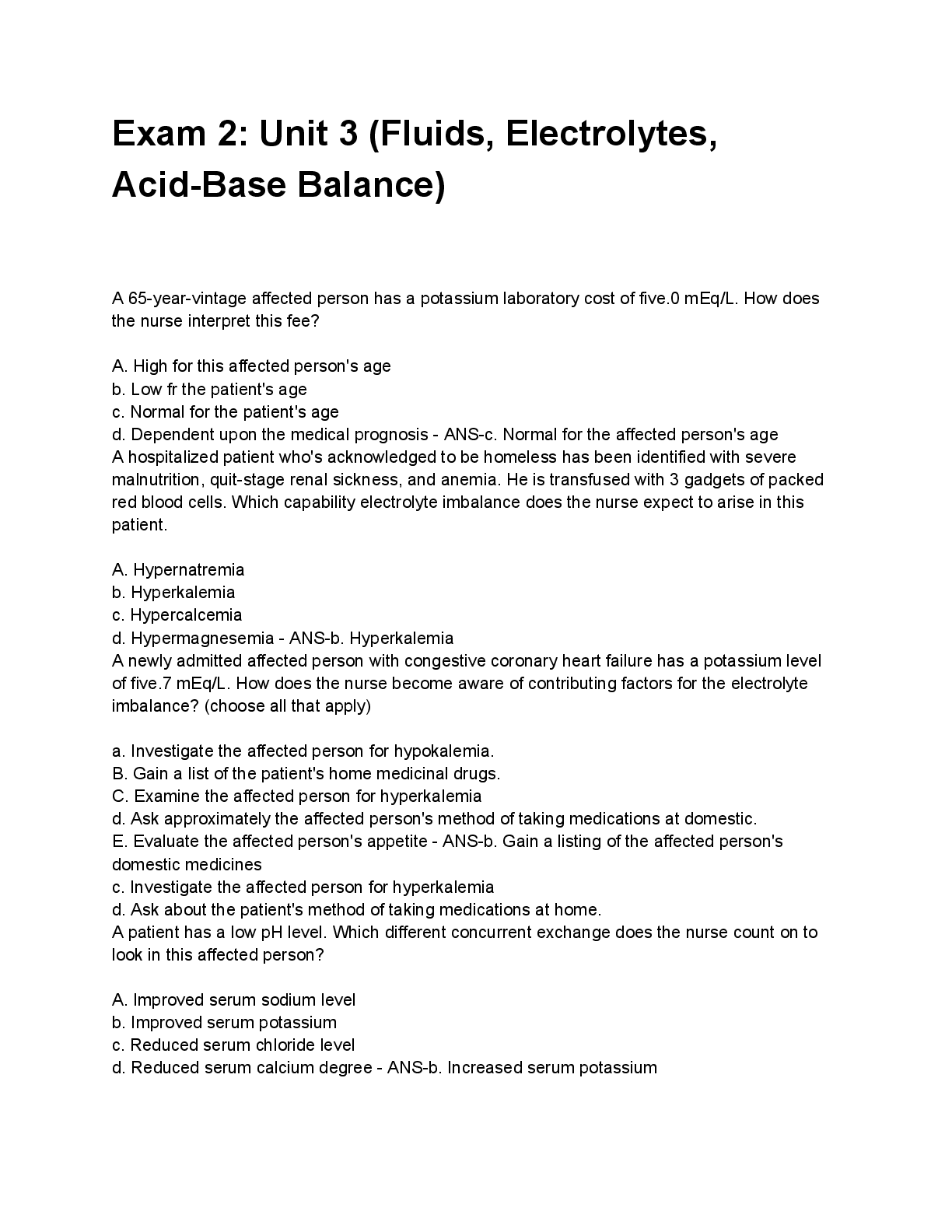 Exam 2: Unit 3 (Fluids, Electrolytes, Acid-Base Balance). - Scholarfriends