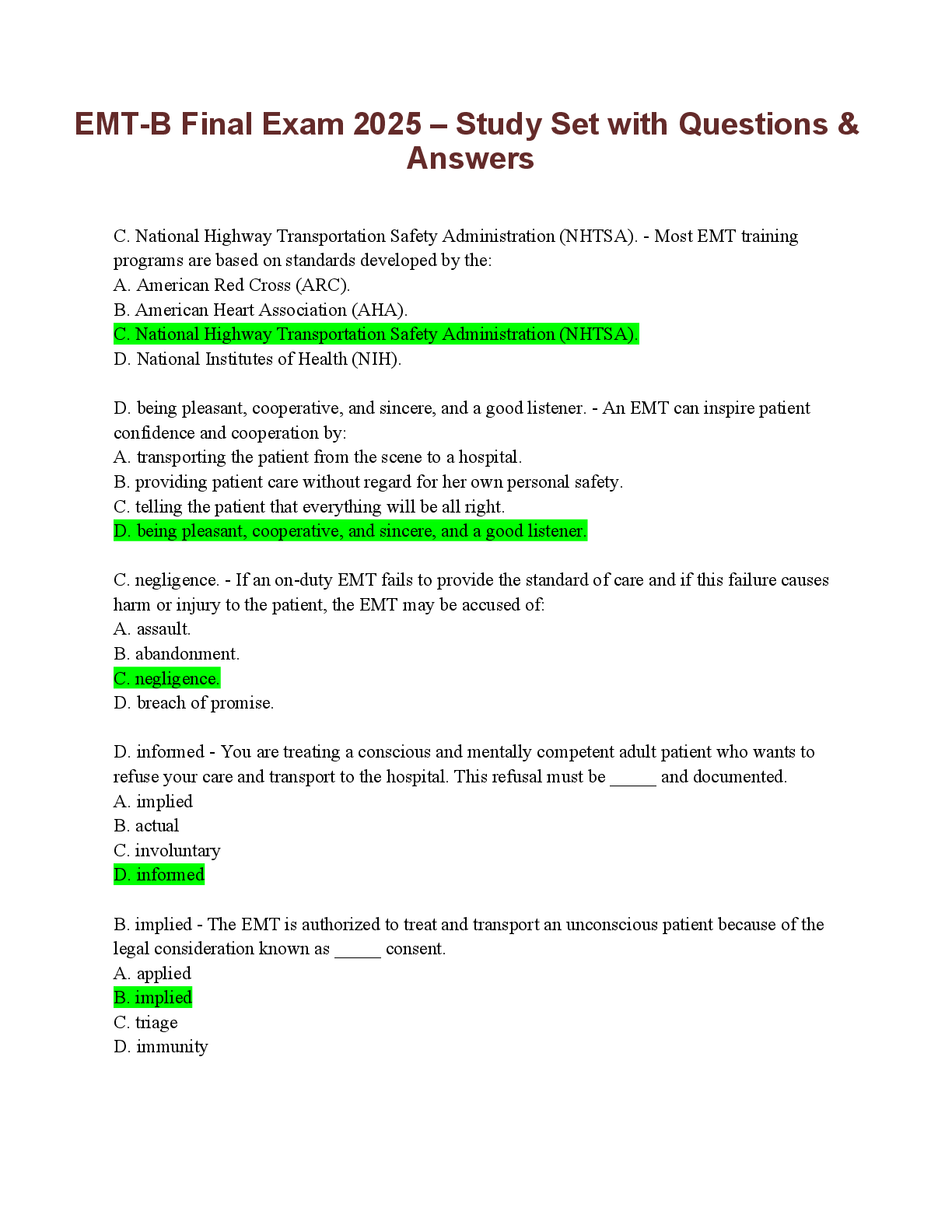 🚑 EMT-B Final Exam 2025 – Study Set with Questions & Answers 📚 - Scholarfriends
