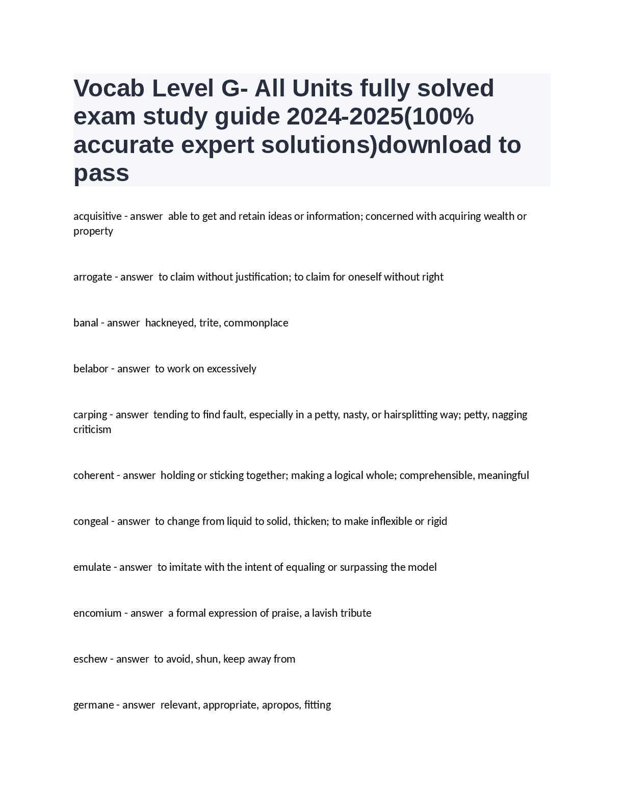 Vocab Level G- All Units fully solved exam study guide 2024-2025(100% ...