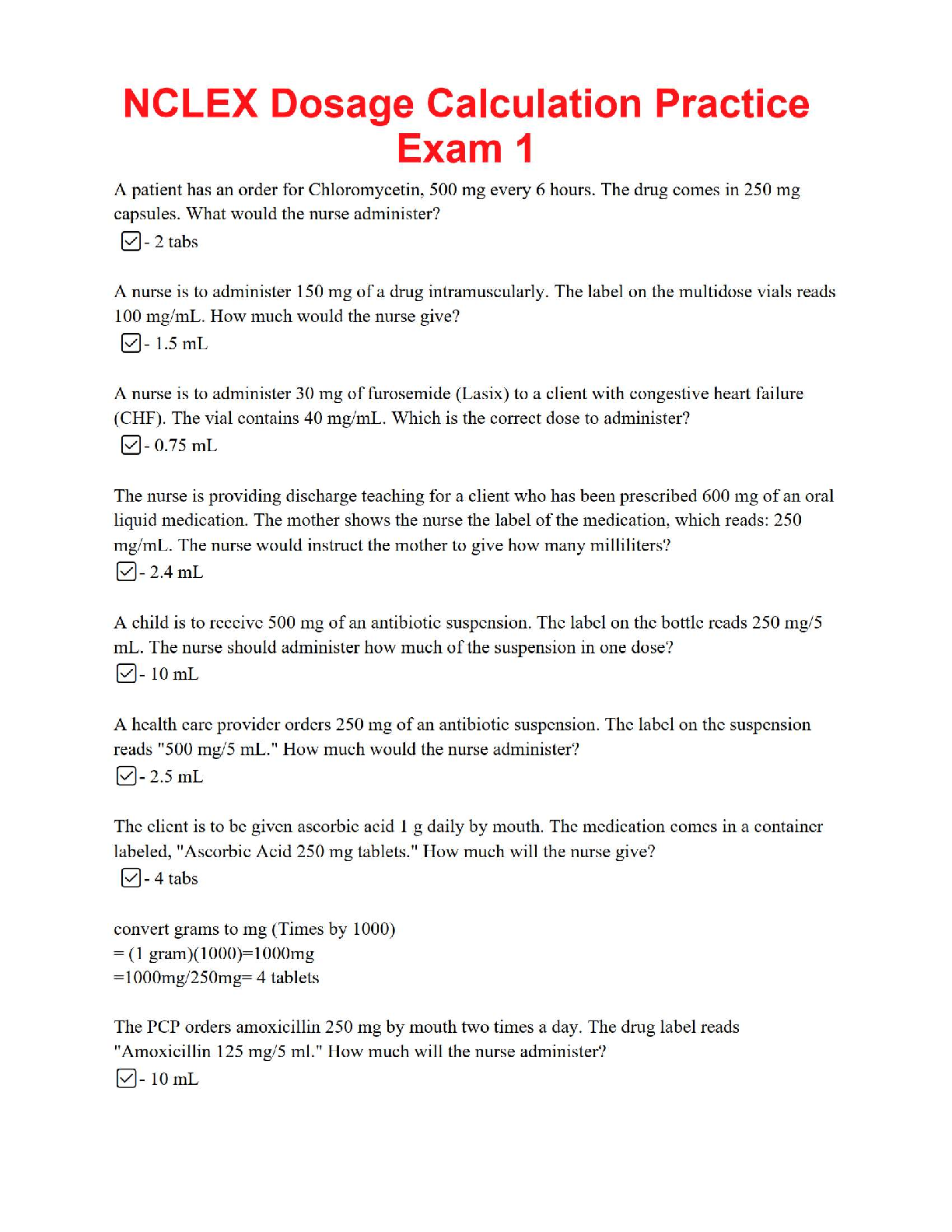 📝 NCLEX Dosage Calculation Practice Exam 1 💊📏 - Scholarfriends