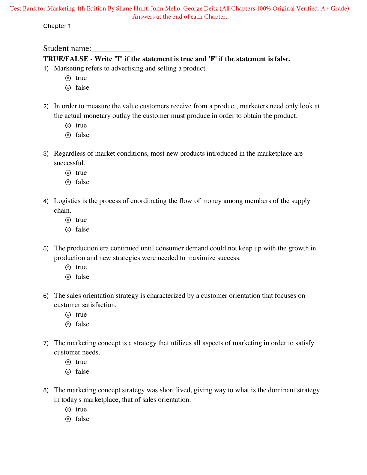 Test Bank for Marketing 4th Edition By Shane Hunt, John Mello, George ...