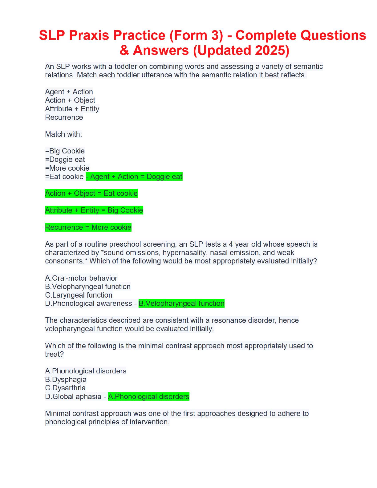 📘 SLP Praxis Practice (Form 3) - Complete Questions & Answers (Updated ...